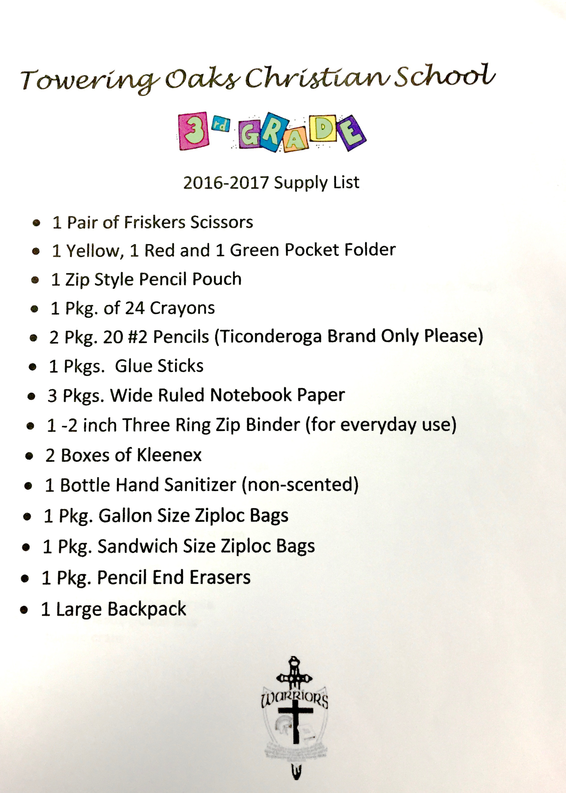3rd Grade 2016 Supply List TOCS K 12 Christian School Preschool 3rd Grade 2016 Supply List TOCS K 12 Christian School Preschool
